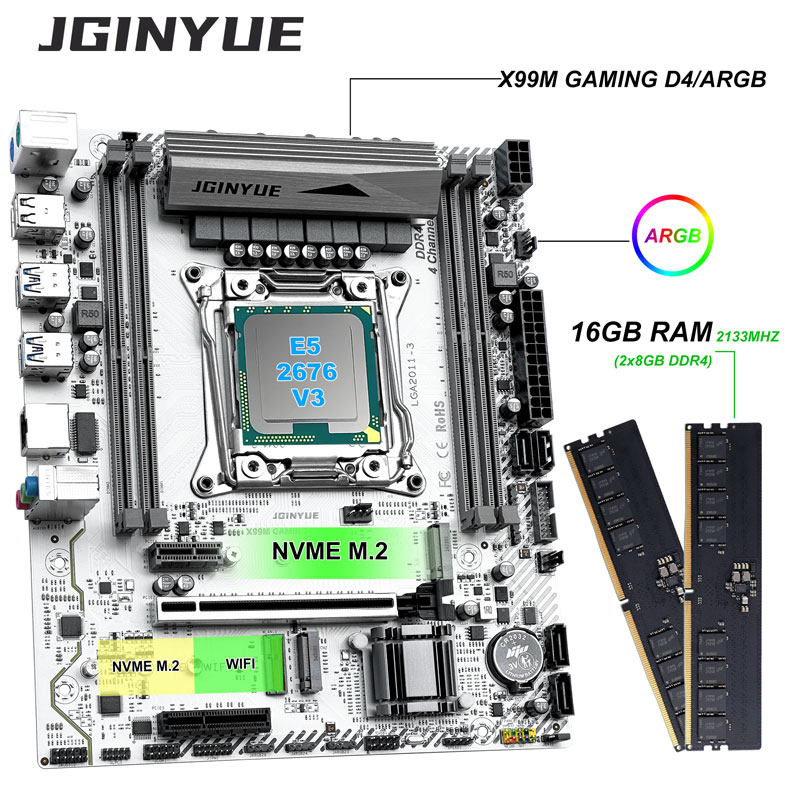 China X99 Motherboard Set LGA 2011-3 Kit With Xeon 2676V3 CPU 16GB (2 ...